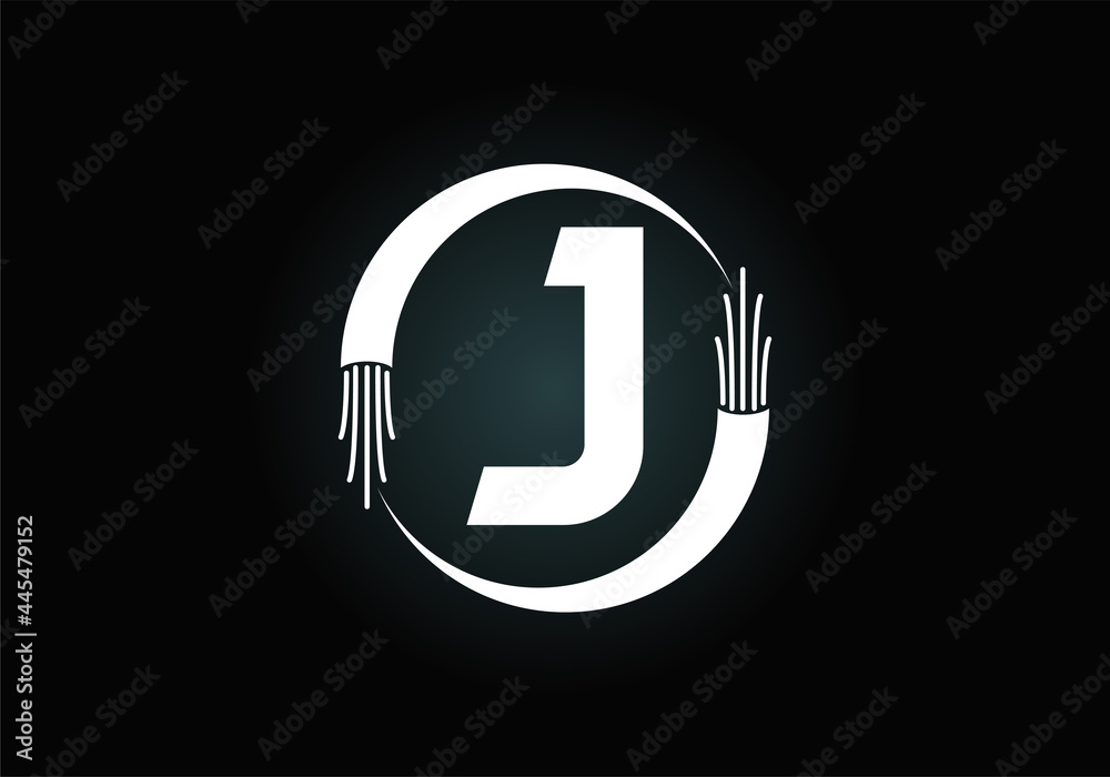 Initial J monogram letter alphabet with electric wire, optical fiber ...