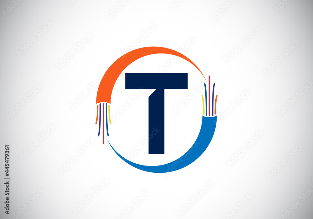 Initial T monogram letter alphabet with electric wire, optical fiber ...