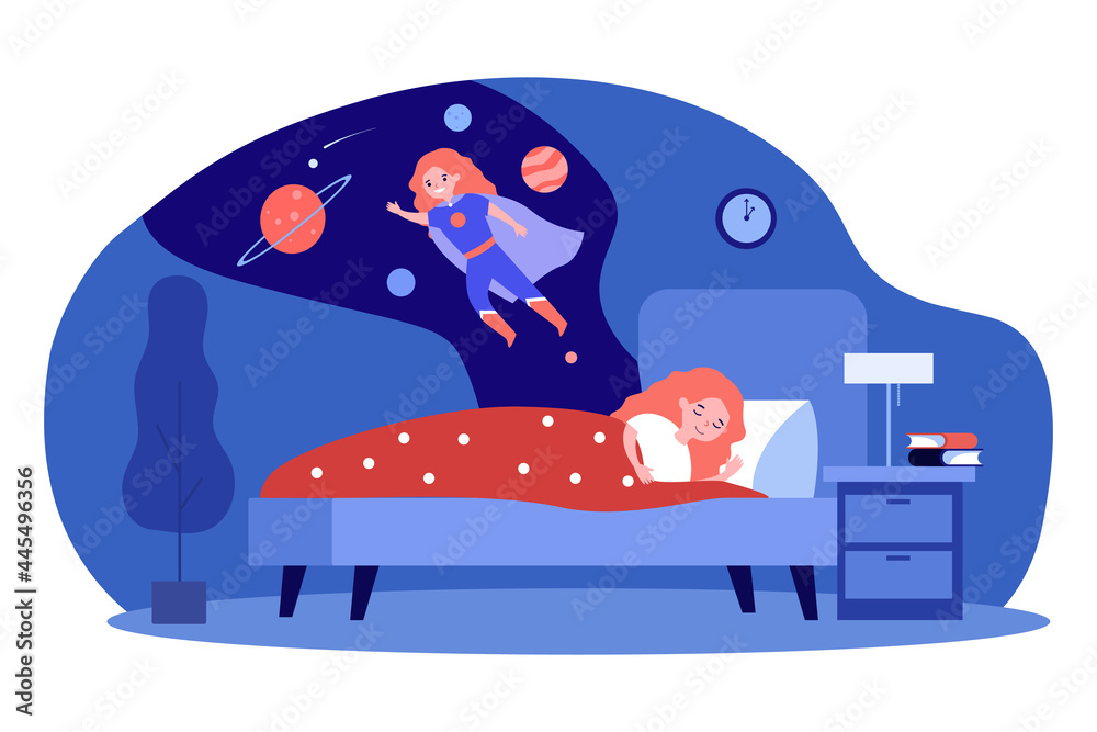 Girl having fantastic dreams while sleeping at night. Flat vector illustration. Little girl ...
