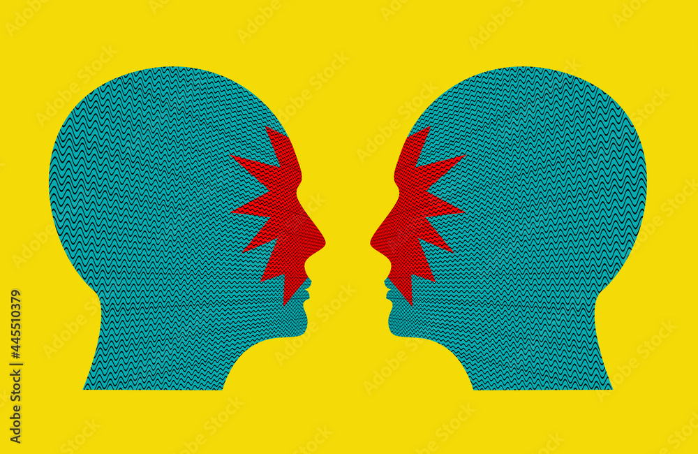 Two Angry Human Heads face To face With the same way of thinking ...