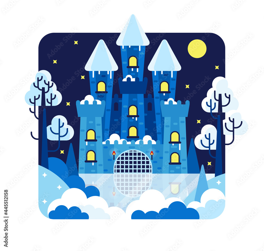Medieval castle on winter night landscape. Cartoon snowy farytale ...
