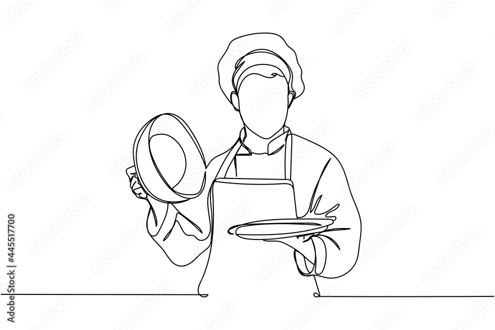 Continuous one line of handsome chef with tray in silhouette on a white ...