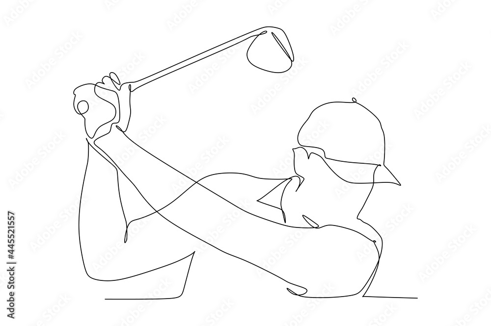 One single line drawing of young sporty golf player hit the ball using ...