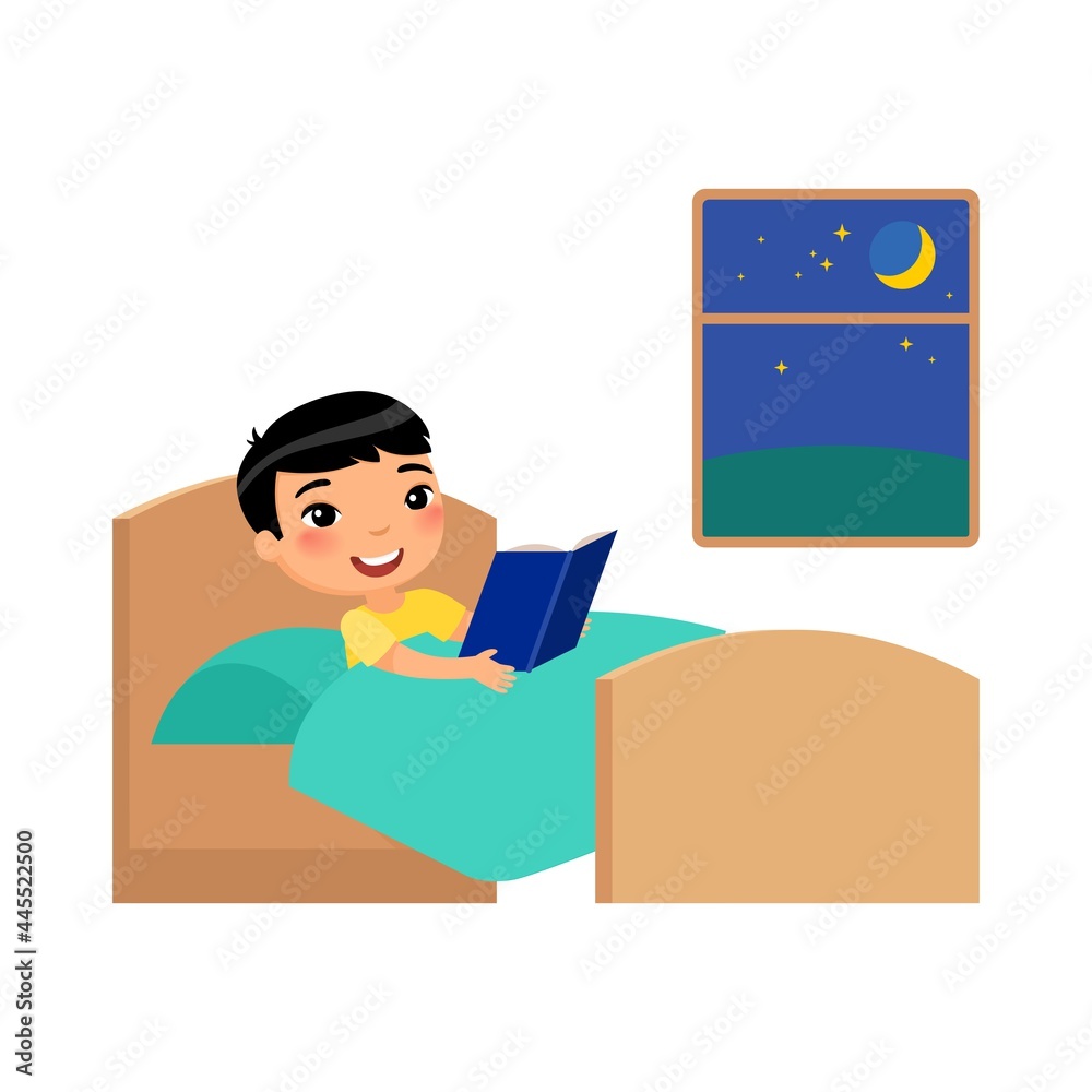 Little happy Asian boy lies in bed and reads a book before sleep. Cute ...