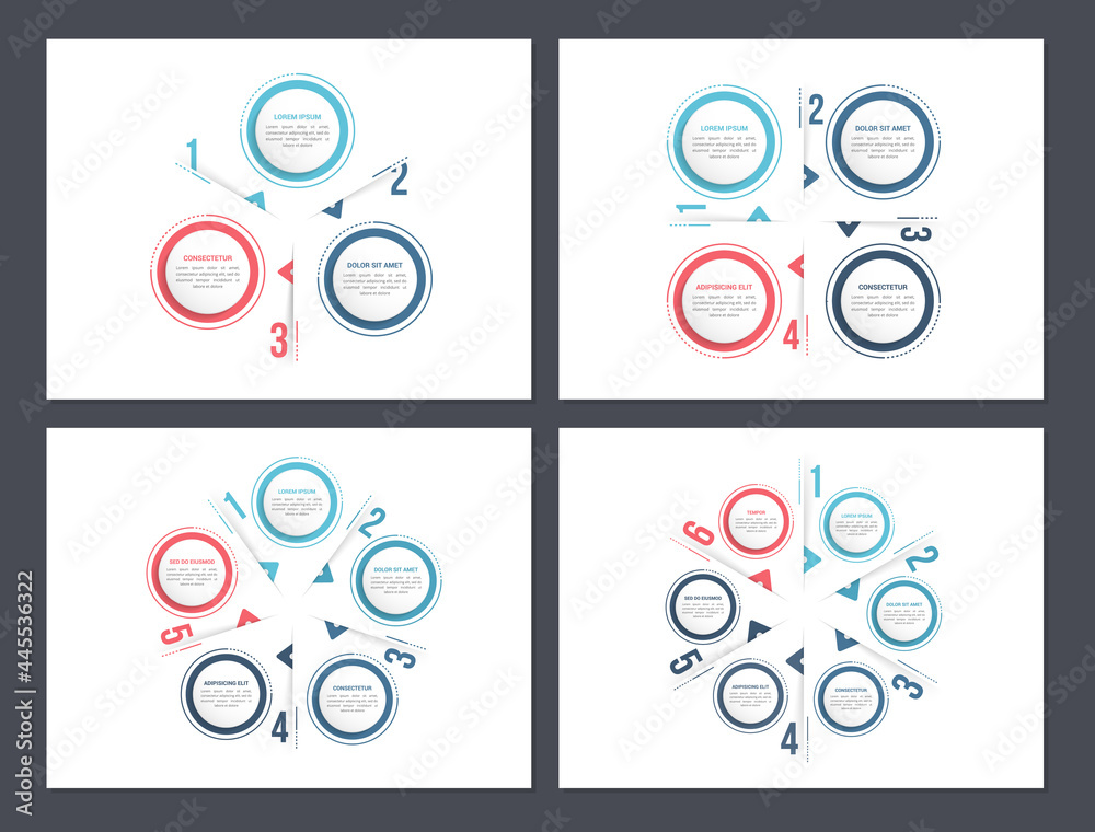 Four circle diagram templates - 3, 4, 5 and 6 elements, infographic ...