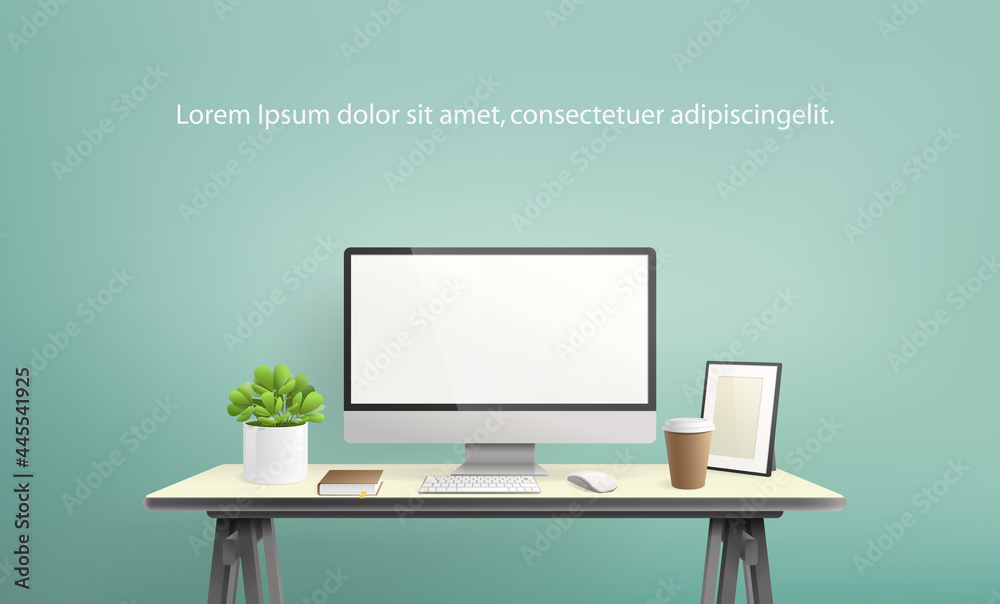 Vector Computer Desktop and office tools on desk table - workplace ...