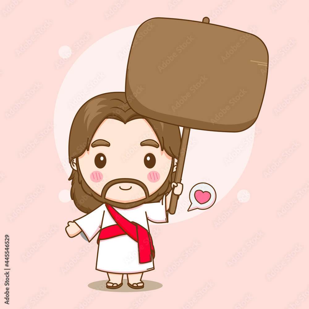 Cartoon illustration of cute Jesus holding empty board Stock Vector ...