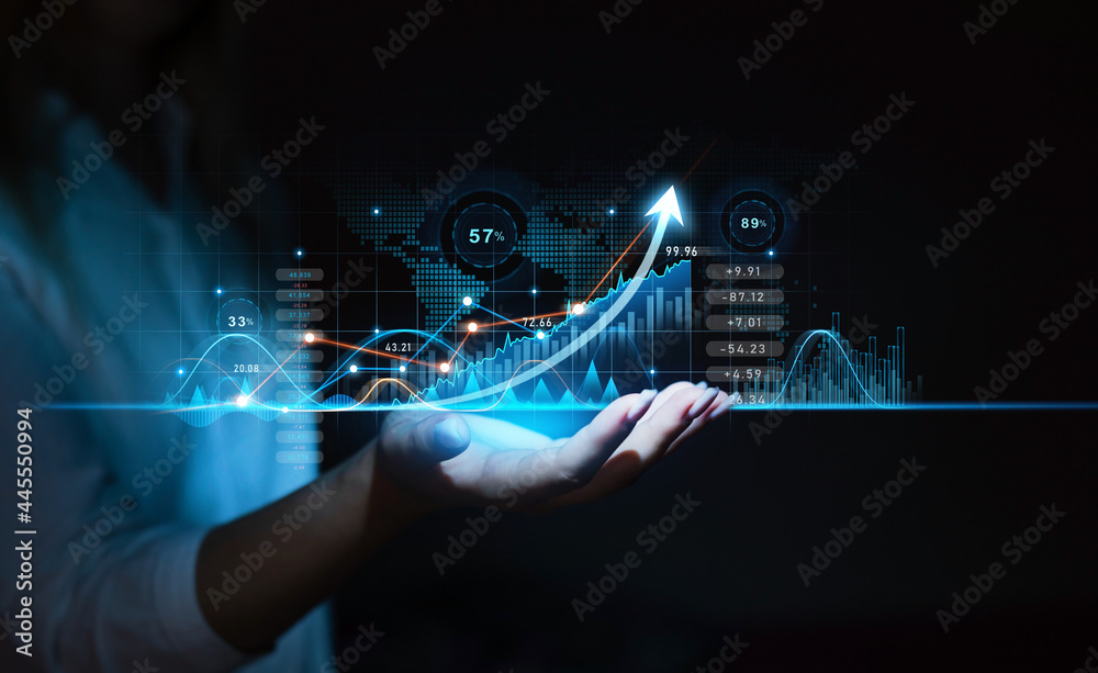 Business Woman finger draws growth arrow graph chart. Global business ...