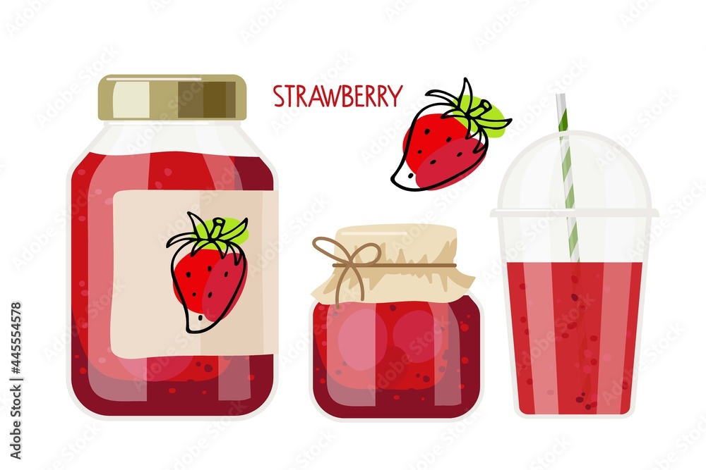 Canned strawberries. Compote and jam in jars, drink in glass ...