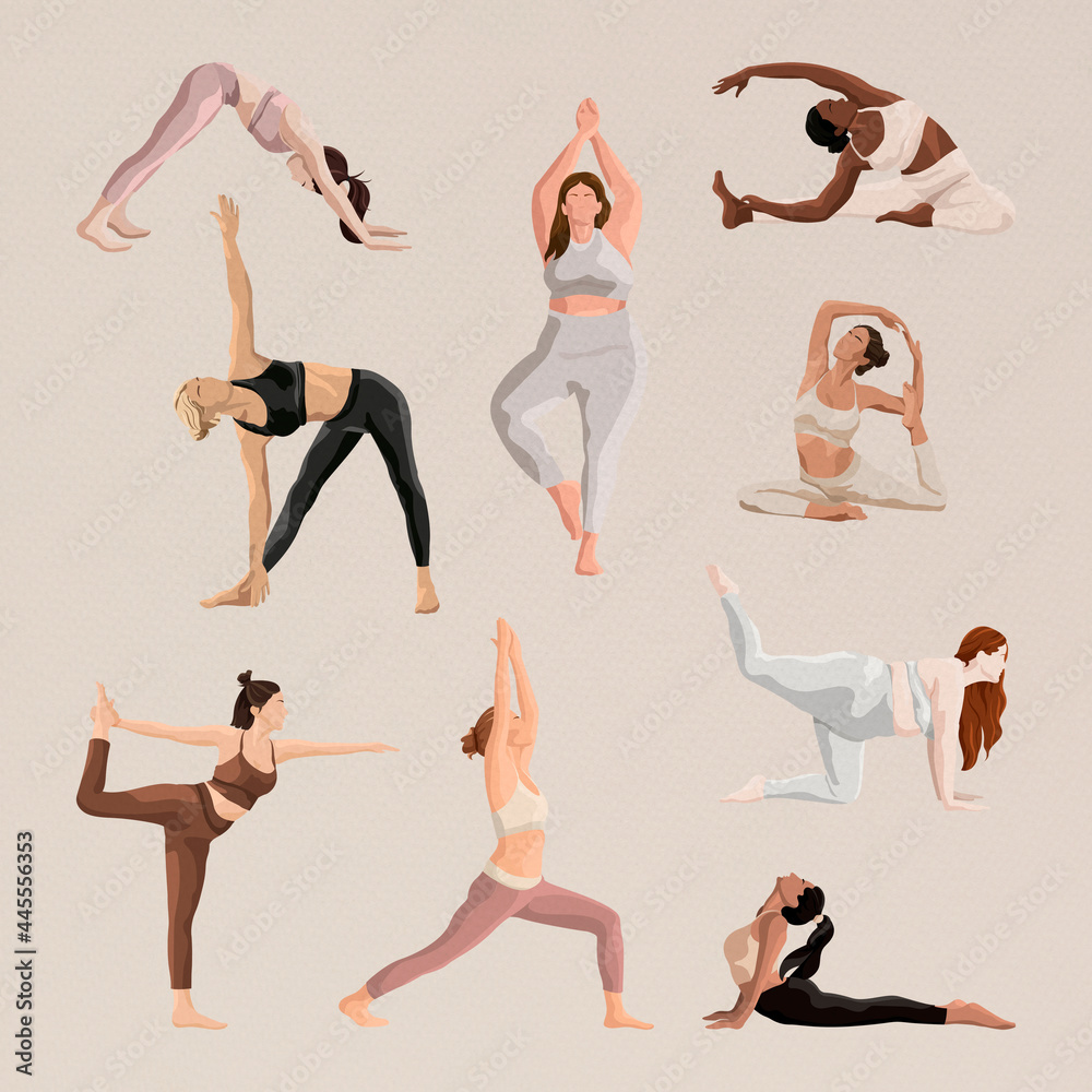 Aesthetic yoga poses vector with health and body illustrations set ...