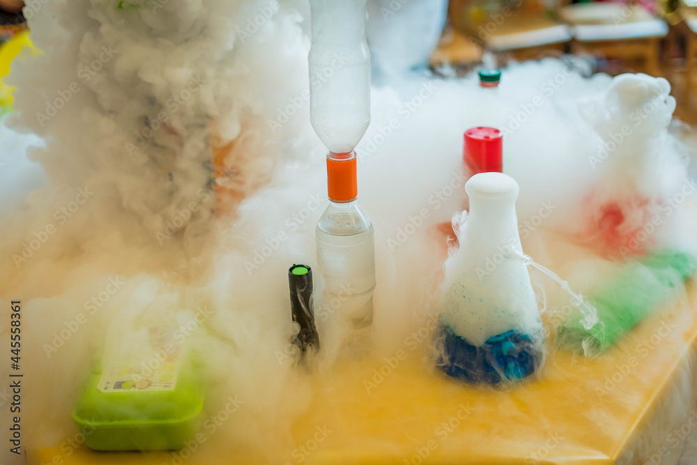 Experiments with dry ice for children. Smoke from the flask from ...