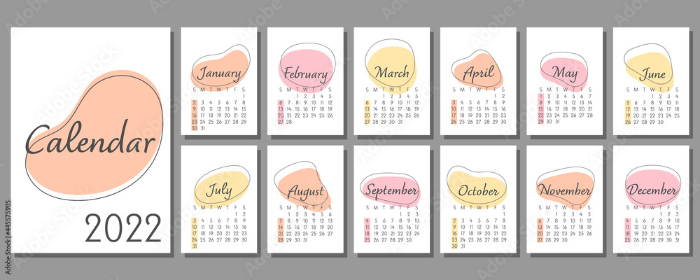 Abstract calendar 2022 with trendy pastel color spots in A4 format. Set ...