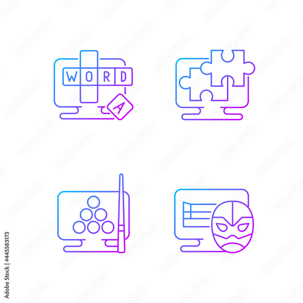 Intellectual game types gradient linear vector icons set. Online word ...