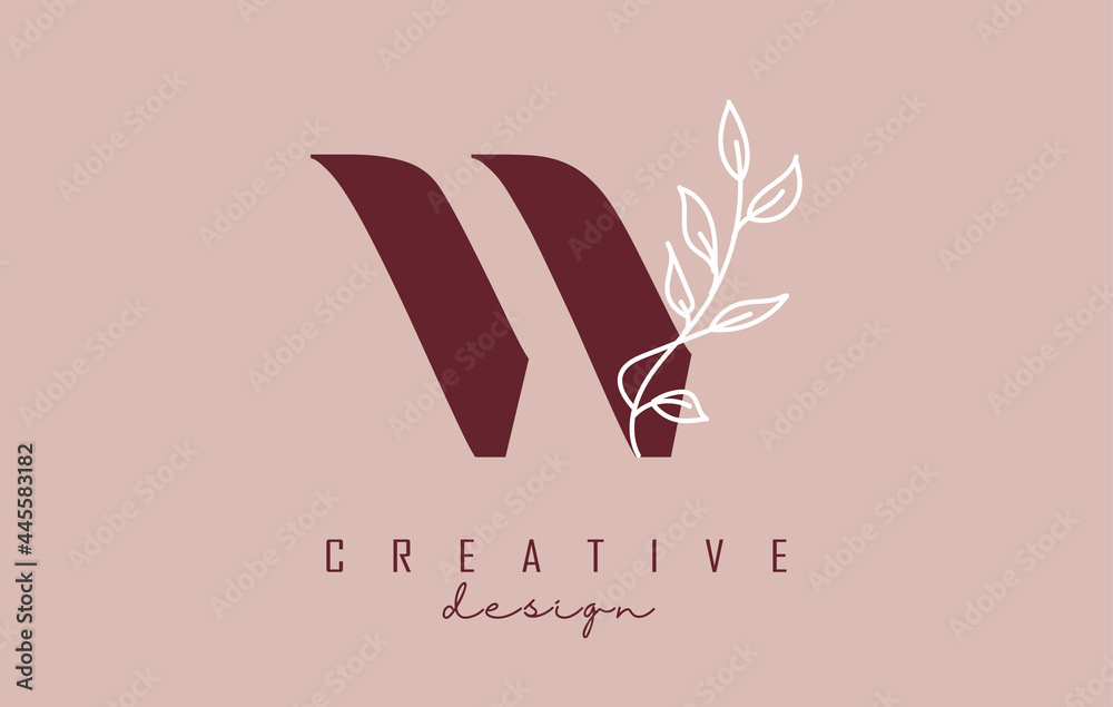 Red W letter logo design with white leaves branch vector illustration ...
