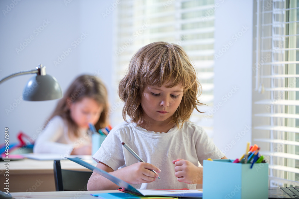 Cute pupil writing at desk in classroom at the elementary school ...