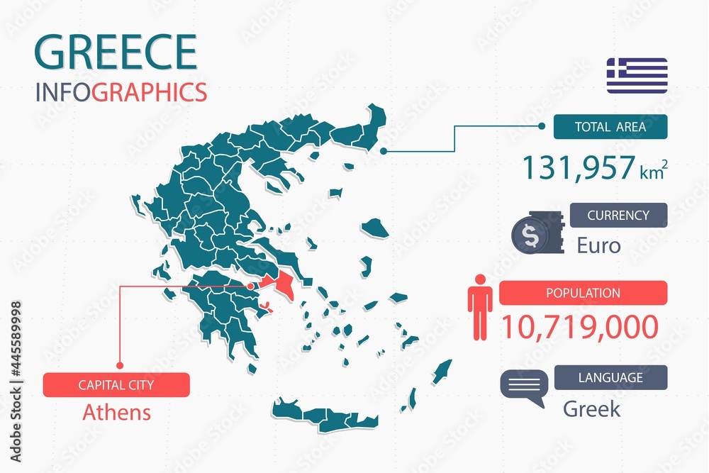 Greece map infographic elements with separate of heading is total areas ...