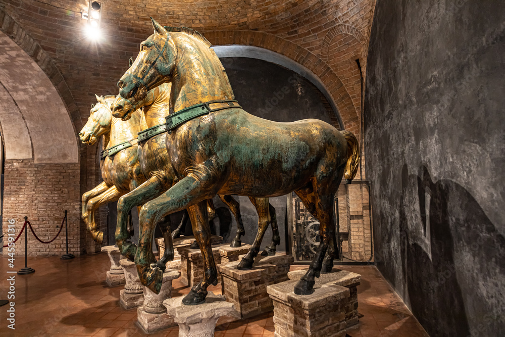 Ancient bronze horses inside the Basilica di San Marco in Venice ...