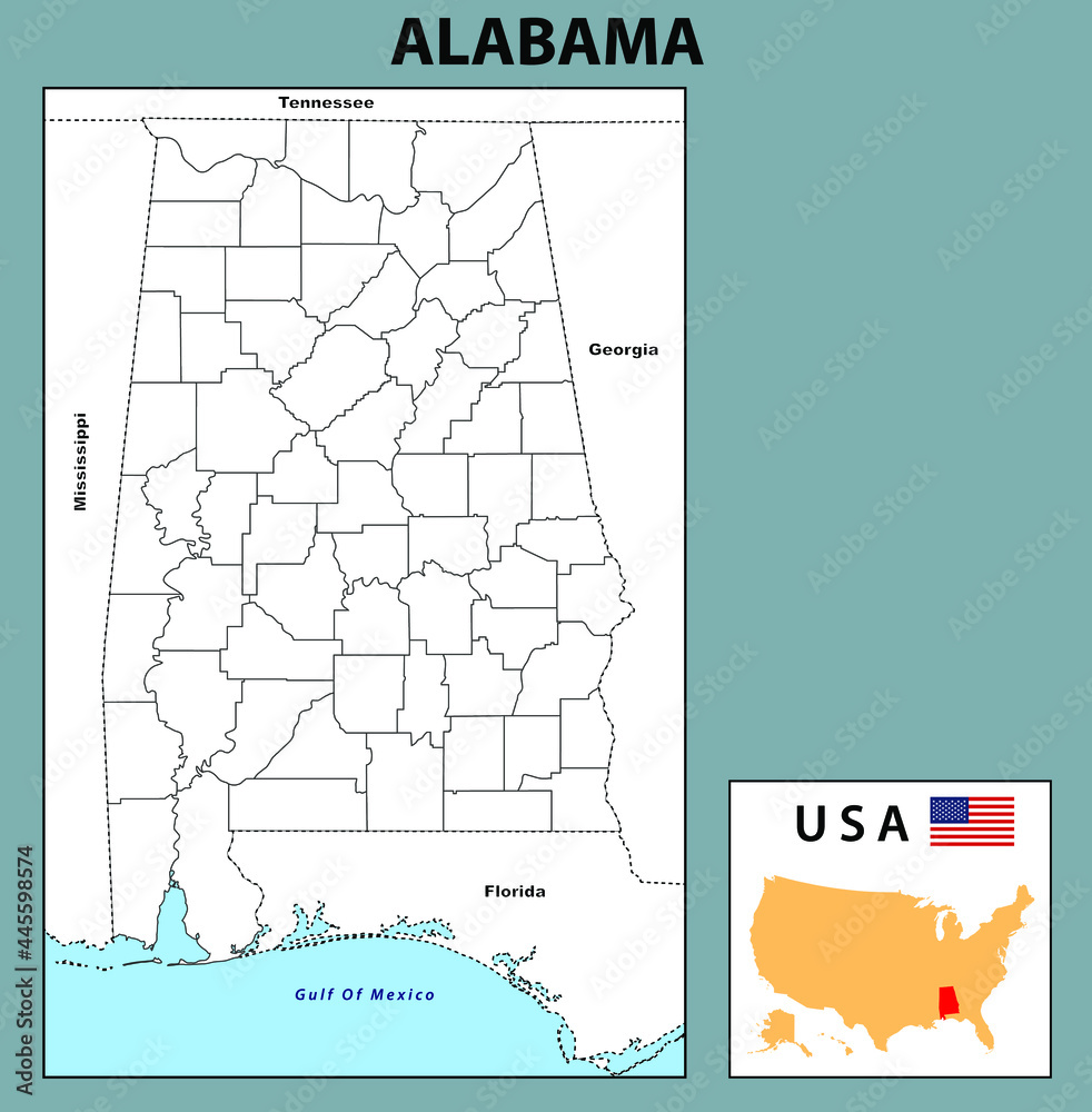 Political map of Alabama with boudaries in Outline. Stock Vector ...