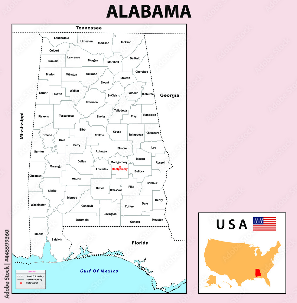 Alabama Map. State and district map of Alabama. Administrative and ...