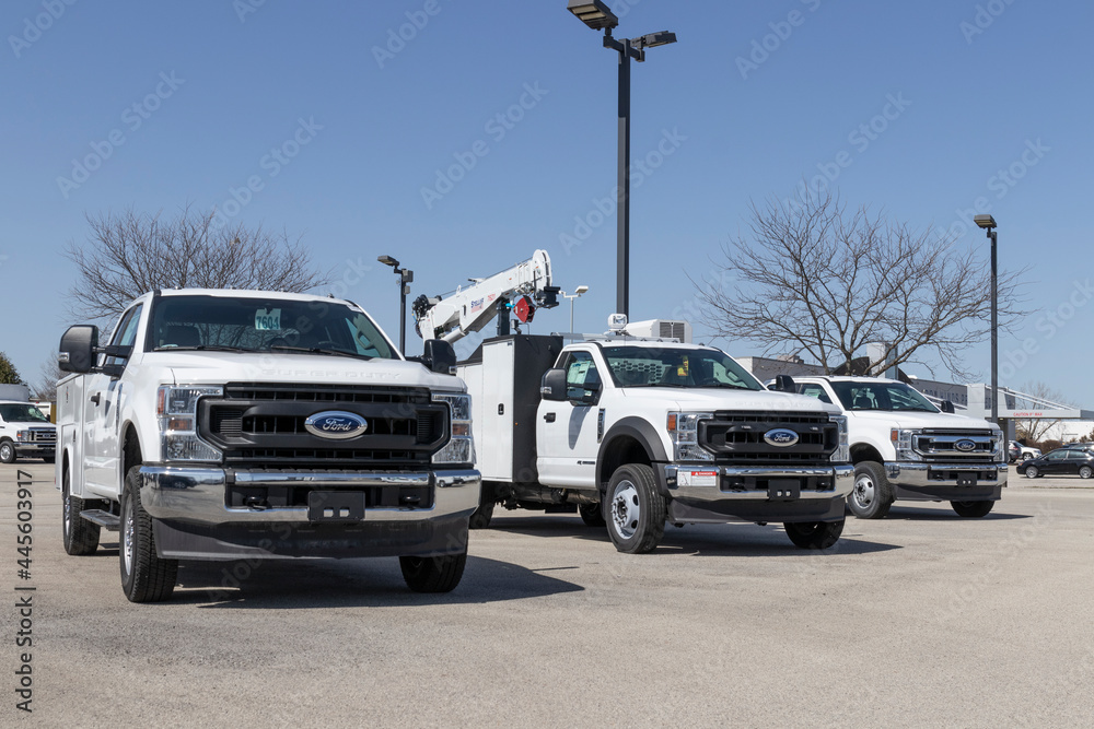 Ford Super Duty F350 truck display at a dealership. The F-350 is ...