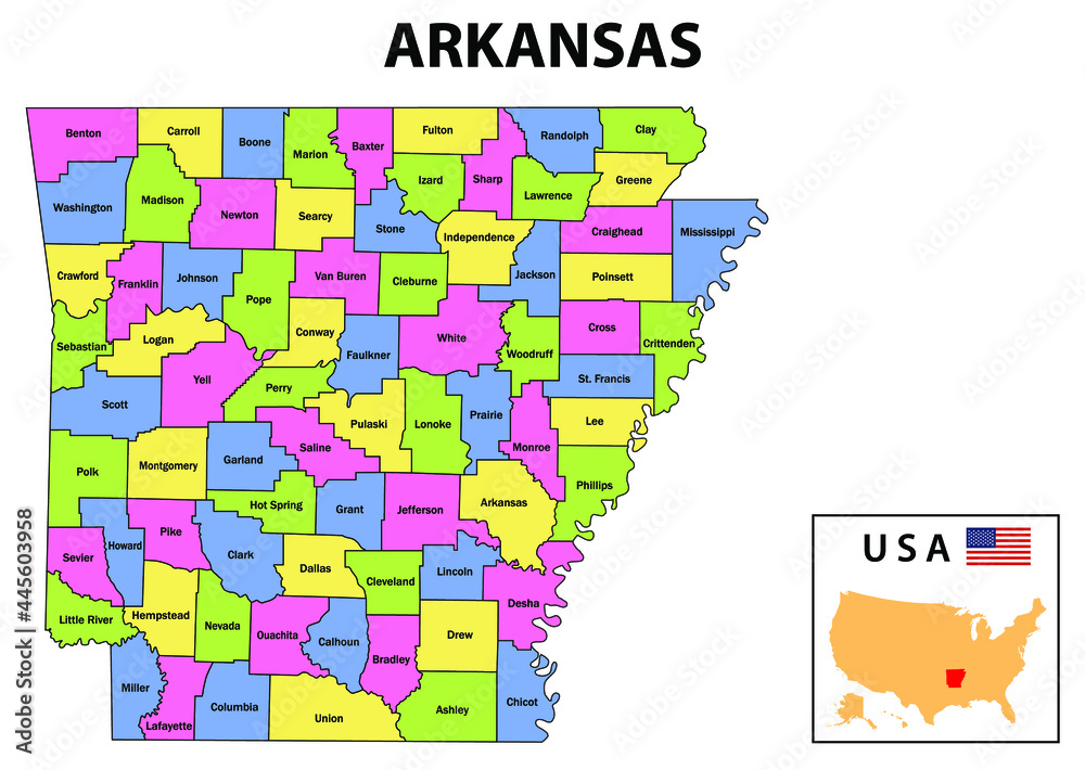 Arkansas Map. State and district map of Arkansas. Administrative and ...