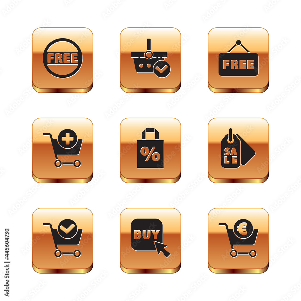 Set Price tag with Free, Shopping cart check mark, Buy button, Shoping ...