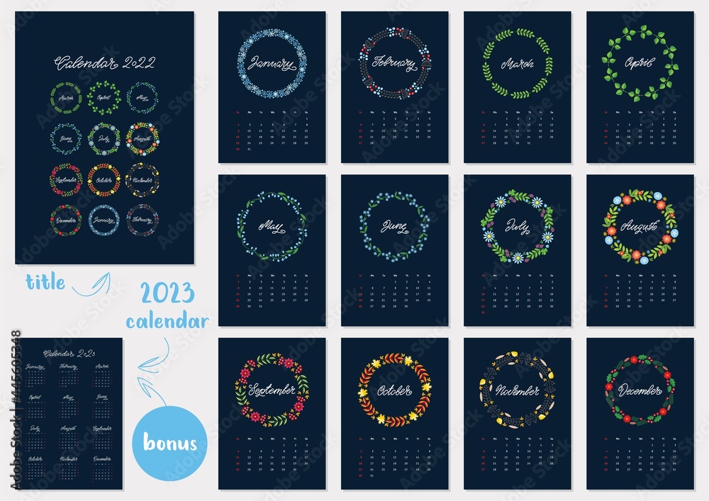 Calendar 2022 template. Monthly calendar 2022 decorated with hand ...