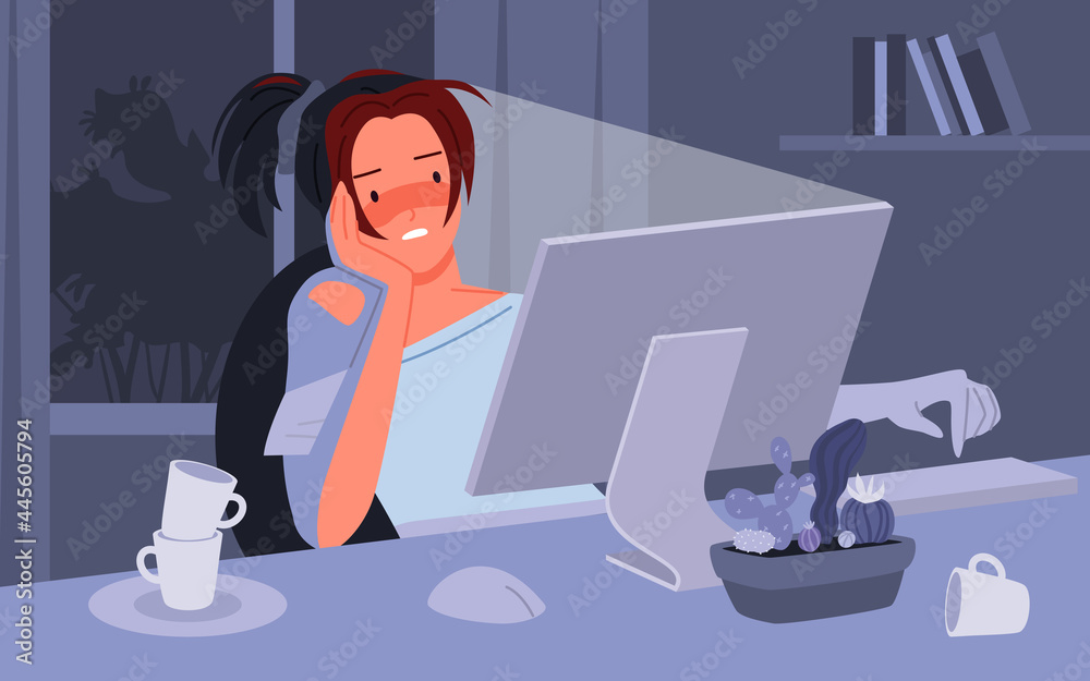 Tired girl working at computer desk late at night vector illustration ...