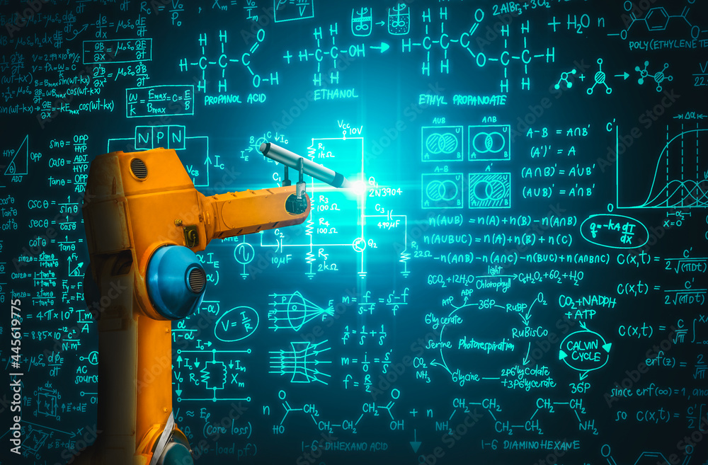 Robot arm AI analyzing mathematics for mechanized industry problem ...