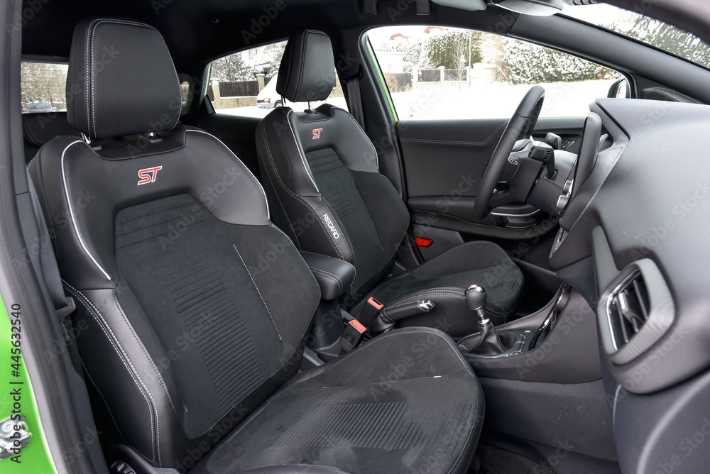 Ford Puma ST. Three-cylinder crossover in the snow. Cabin interior ...