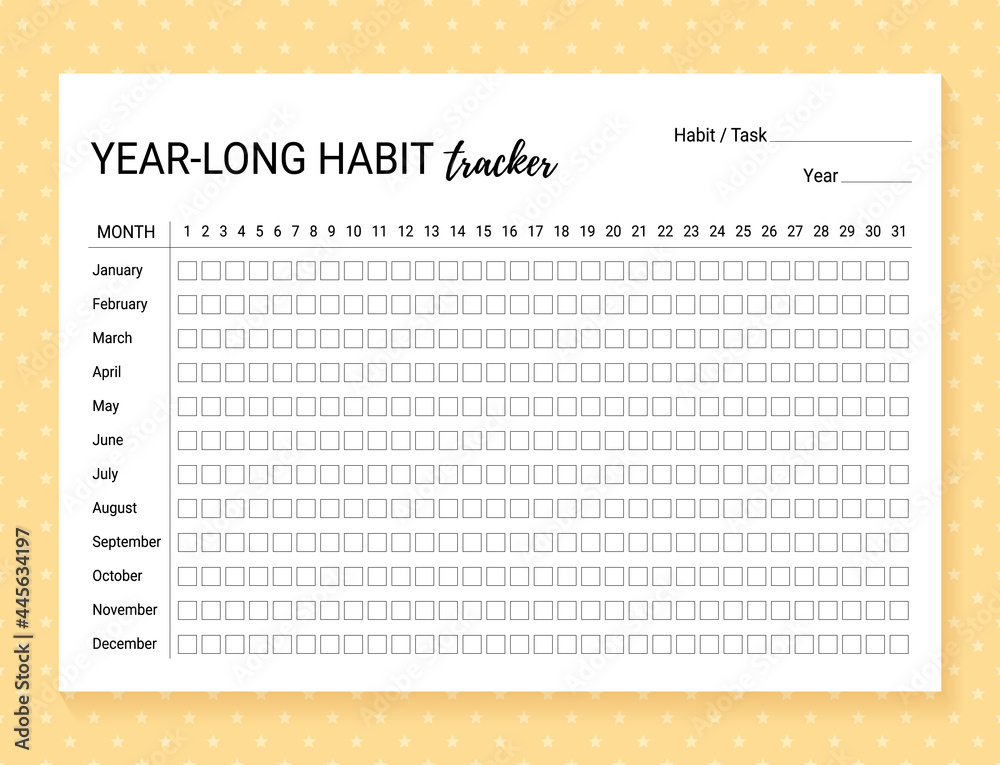 Vetor do Stock: Habit tracker template. Year-long habit diary. Journal ...