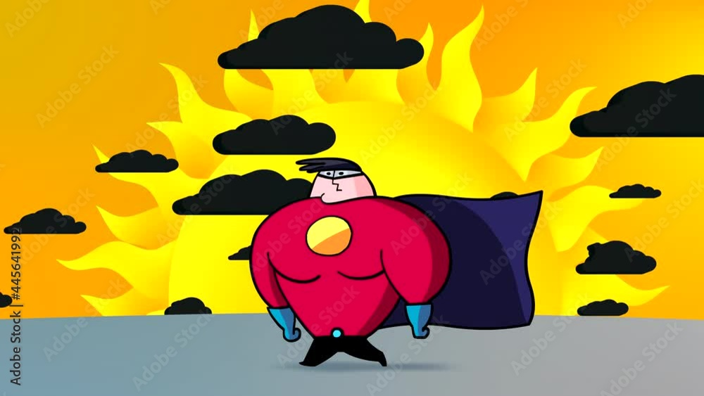 Cartoon superhero walking on sun and dark clouds background. Strong and ...