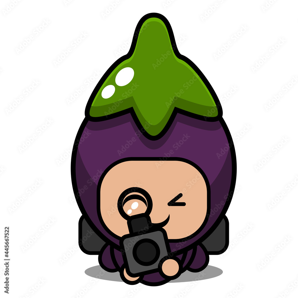 Vector cartoon character cute army soldier costume eggplant vegetable ...