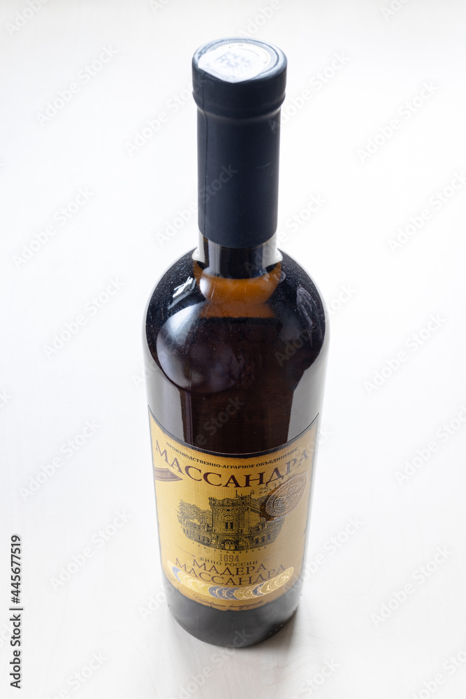 MOSCOW, RUSSIA - JUNE 10, 2021: closed bottle with aged fortified wine ...
