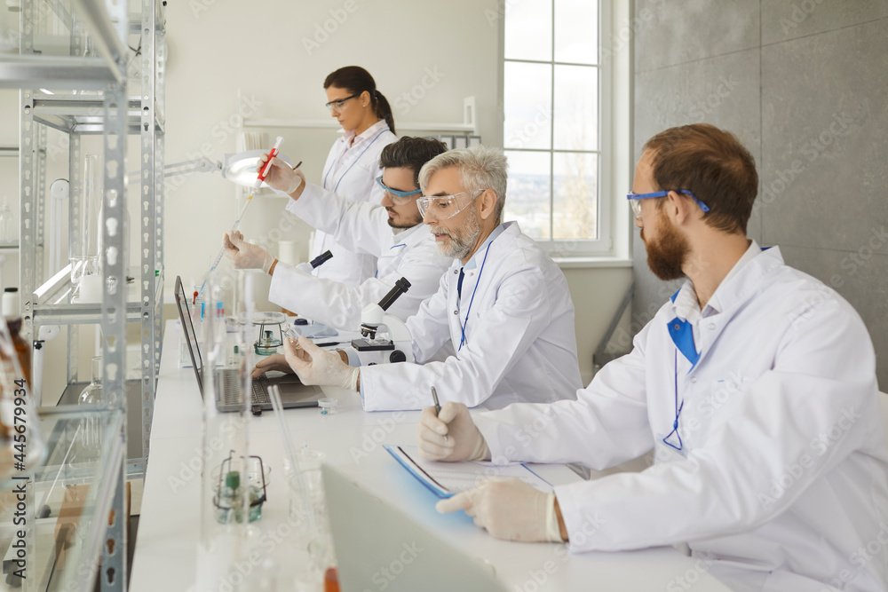 Group of people working in science laboratory. Male and female ...