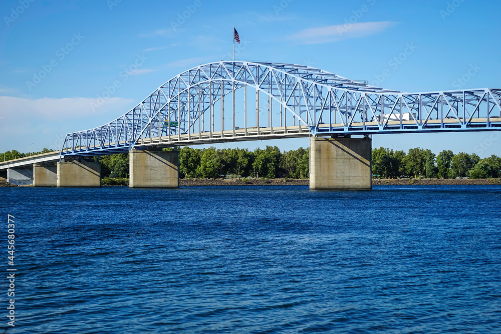 Blue bridge over Columbia river in Washington State Stock Photo | Adobe ...