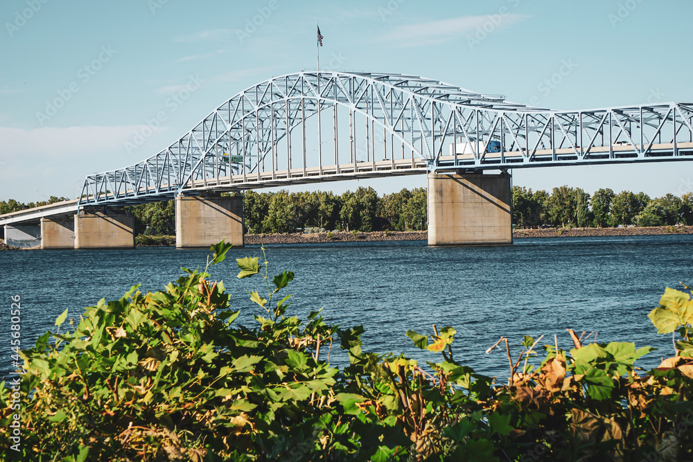 Vintage Blue bridge over Columbia river in Washington State Stock Photo ...