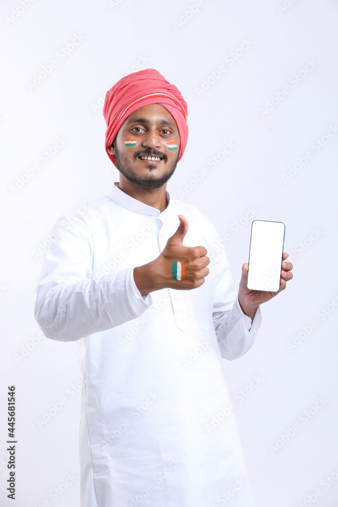 Independence day offer concept : Young indian showing smartphone. Stock ...