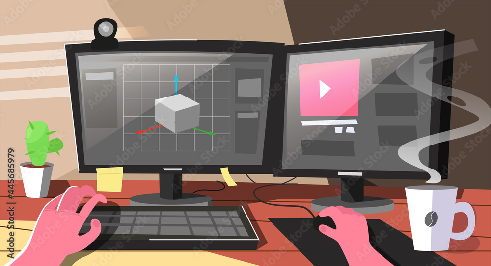 3d Designer in the creative process vector illustration. A man is ...
