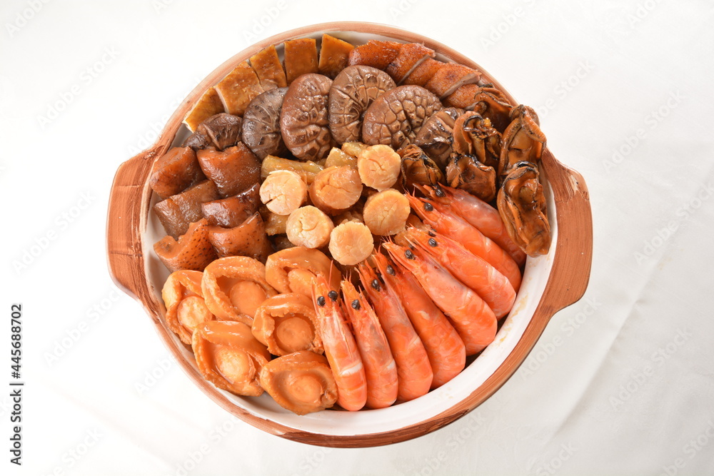 stewed braised luxury Peng cai with mixed seafood tiger prawn, scallop ...