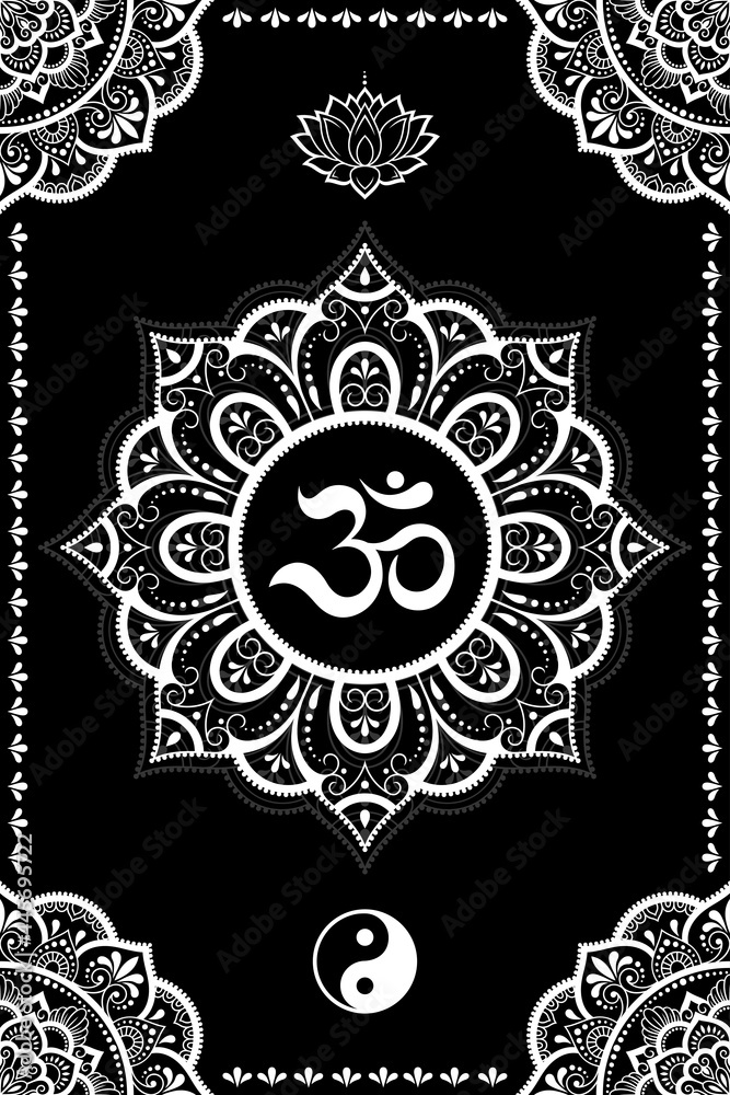 Set of Eastern ethnic religious symbols. Mandala with OM mantra, Yin ...
