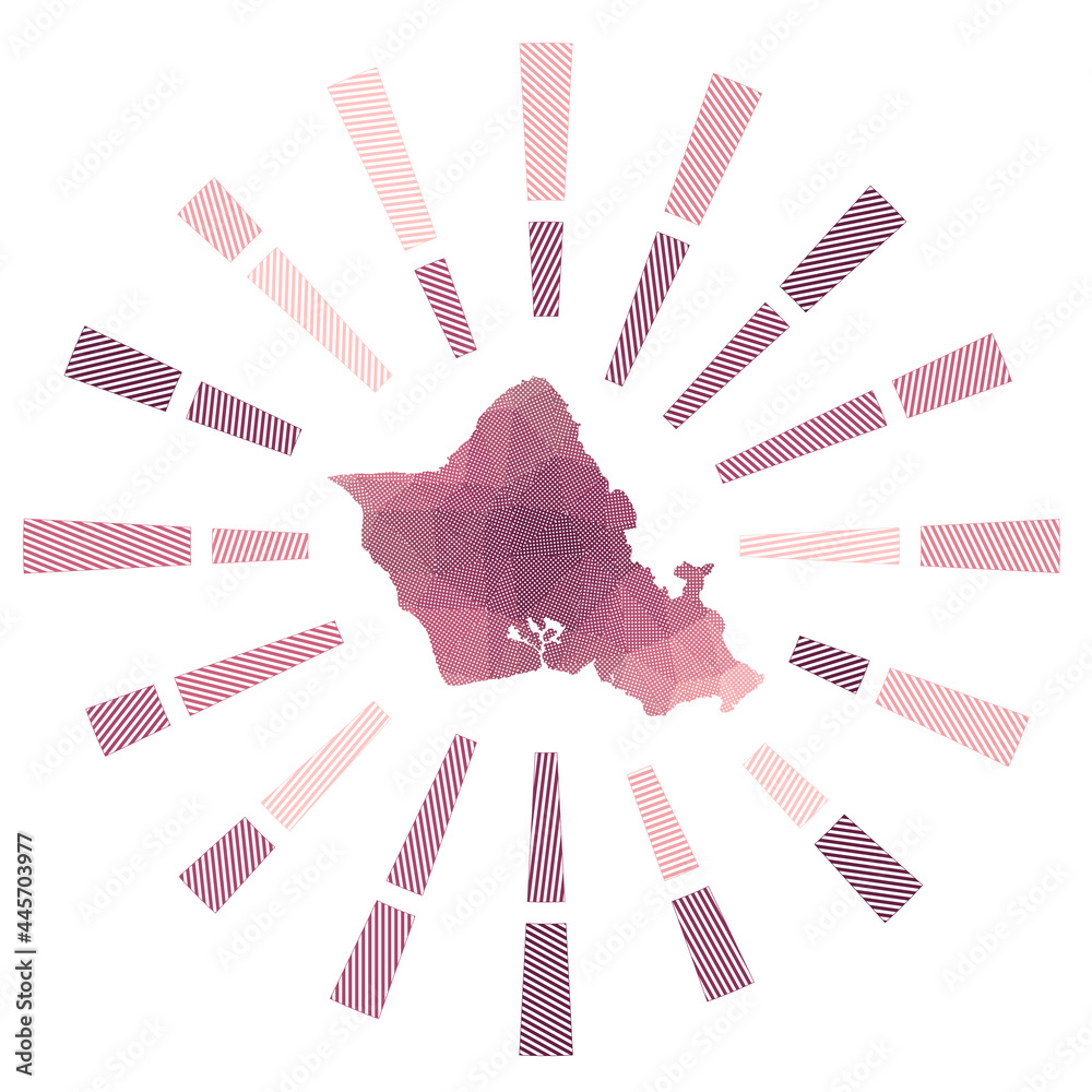 Oahu sunburst. Low poly striped rays and map of the island. Appealing ...