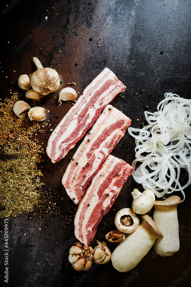 Fresh raw pork belly and onion pepper Stock Photo | Adobe Stock