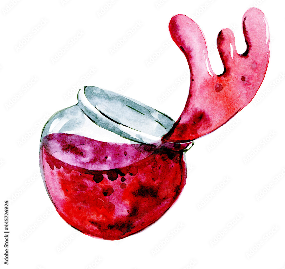 Jar of sweet red jam. Hand drawn watercolor illustration isolated on ...