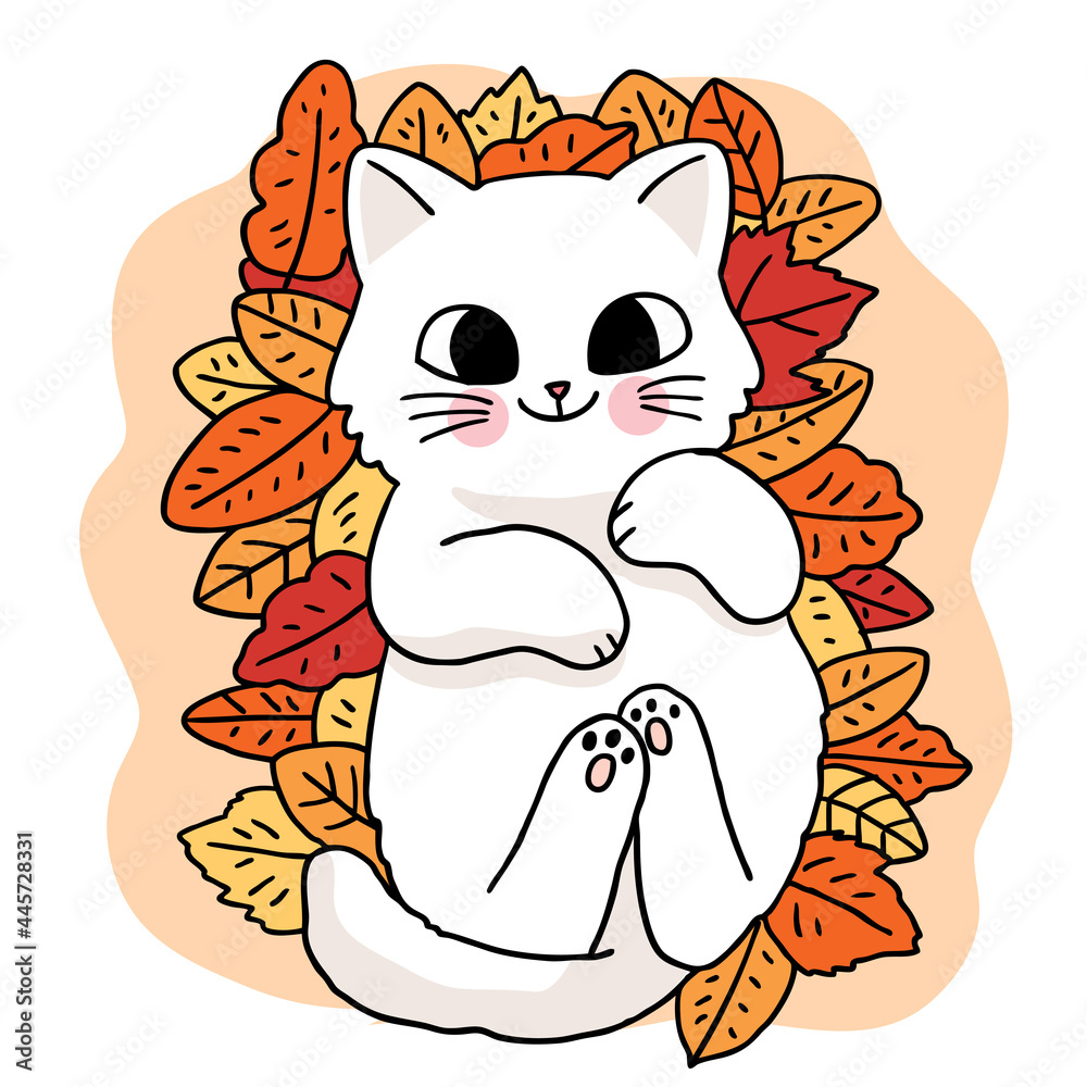 Cartoon cute hand draw cat lay down on meny leaves, Autumn vector ...