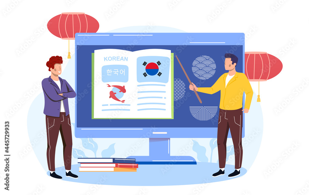 learning Korean concept. The teacher shows the student an e-book on the ...