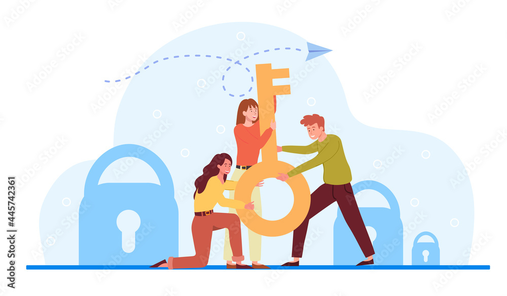 Key to success. A man and women are holding a huge golden key in their ...