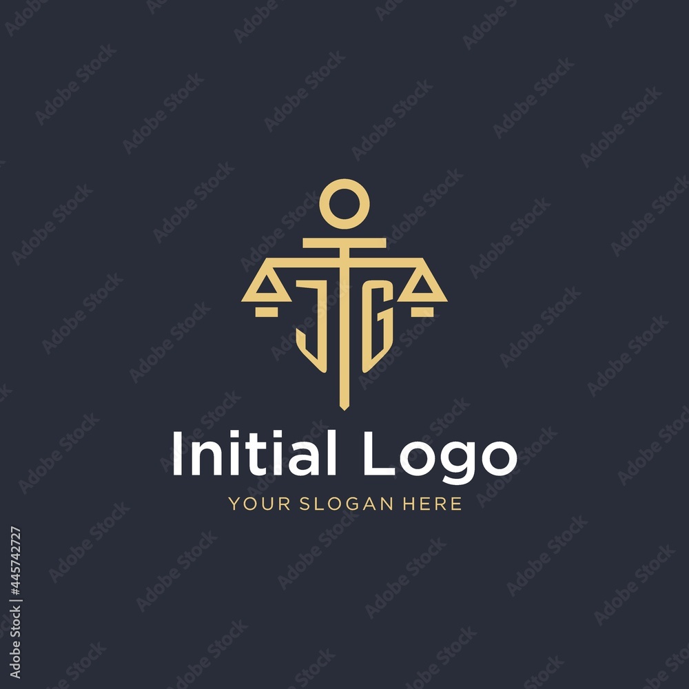 JG initial monogram logo with scale and pillar style design Stock ...