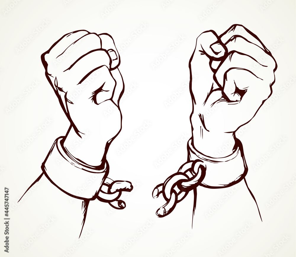 Hands tearing shackles. Vector drawing Stock Vector | Adobe Stock