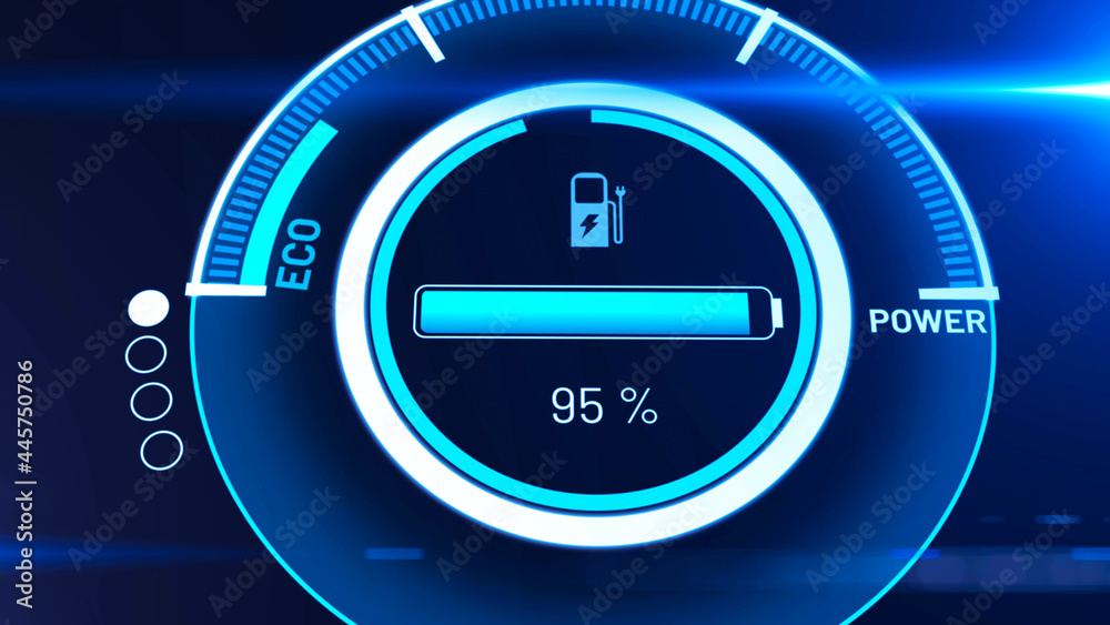Electric car battery in active charging visionary dashboard . 3D ...